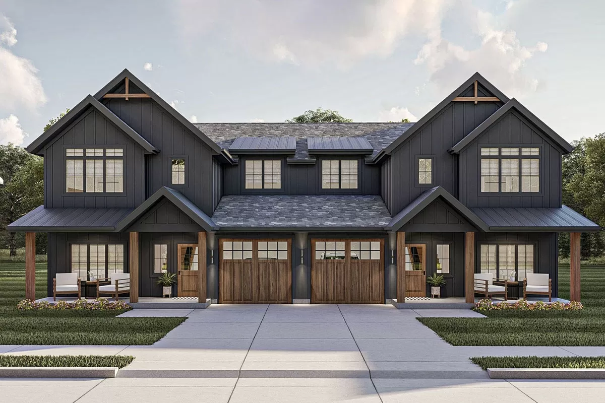Modern Farmhouse Duplex House Plan with Matching 3-Bed Units Under 2200 Square Feet (Floor Plan ...