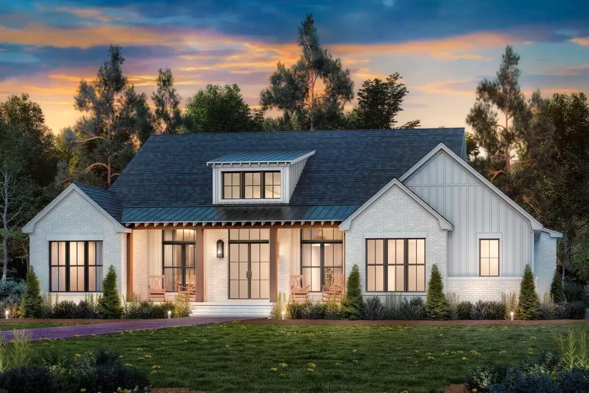 3-Bed Transitional Modern Farmhouse Plan with Home Office and Vaulted ...