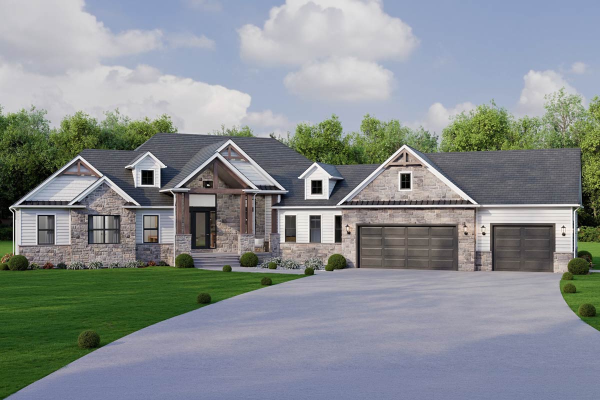 Modern Farmhouse House Plan with Split Bedrooms and 3-Car Garage (Floor ...